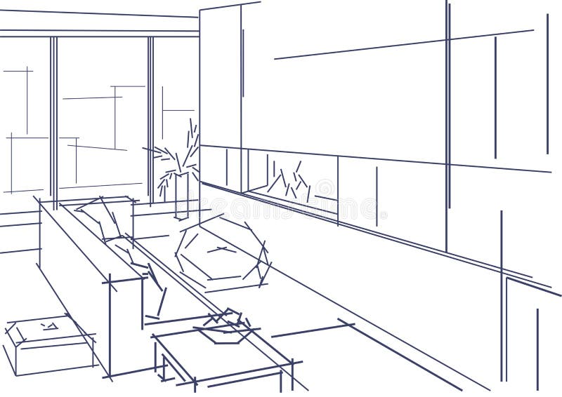 Linear Sketch of Modern Interior Stock Vector - Illustration of line ...