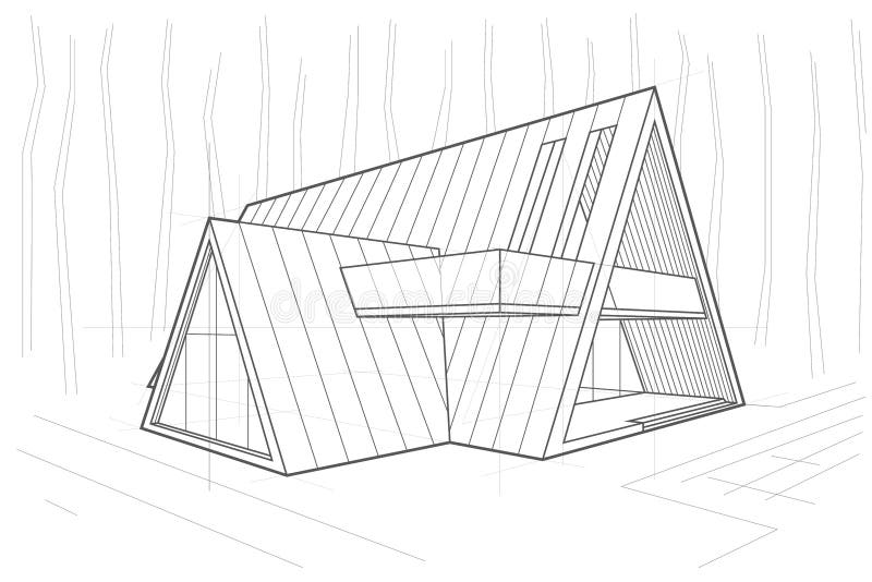 Linear Sketch Residental Building - Triangle Forest Cottage on White ...
