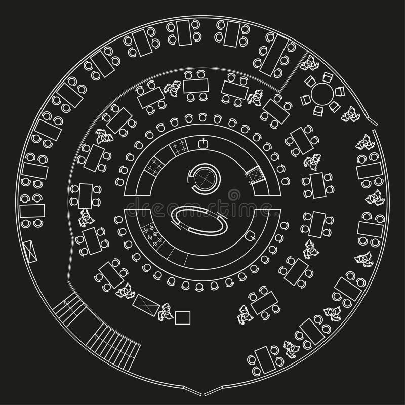 Linear Sketch Round Restaurant with Open Kithen Plan on Black ...