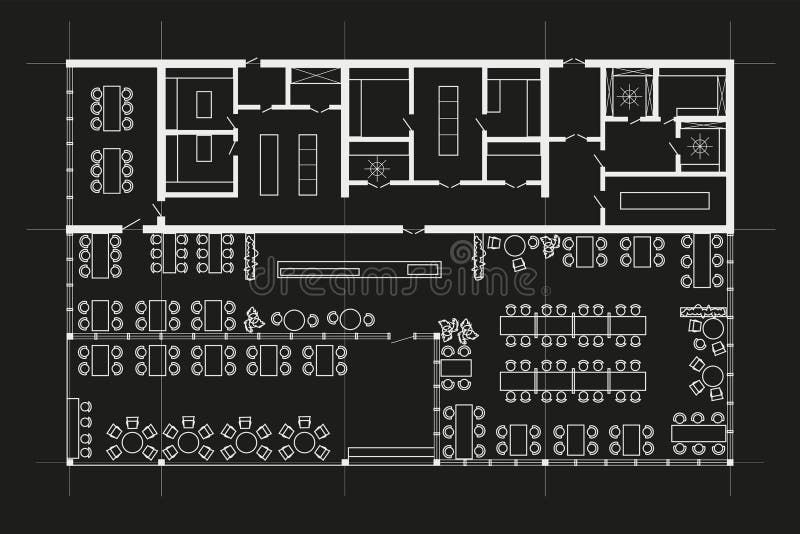 Linear Sketch Rectangle Restaurant with Terrace Plan on Black ...