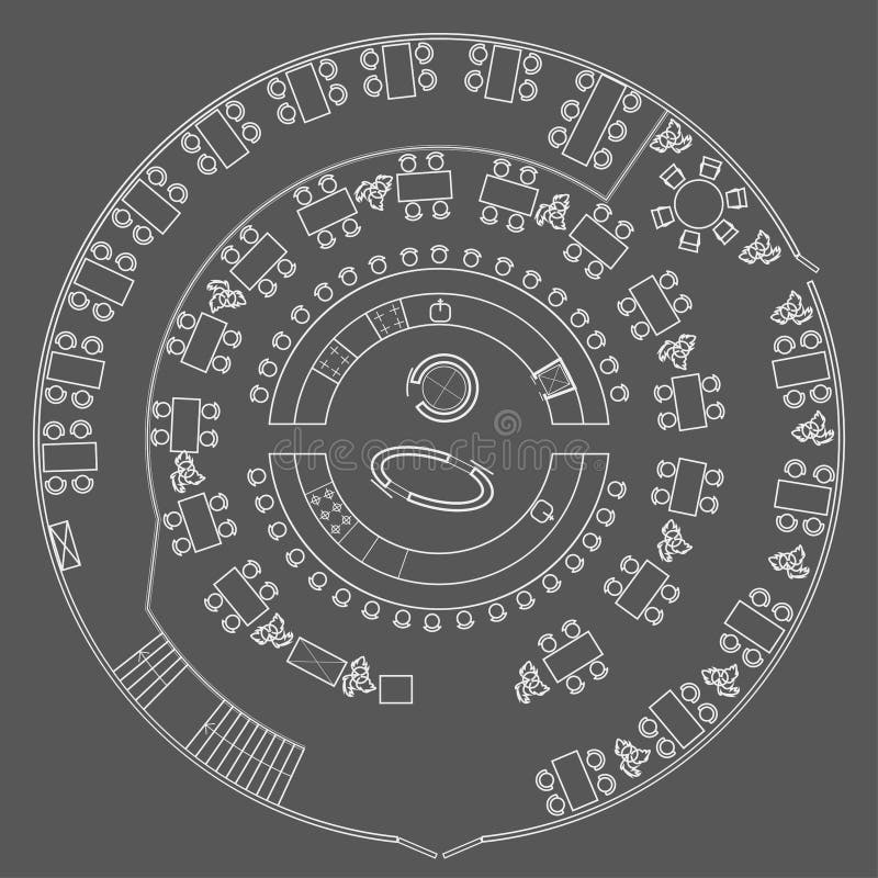 Linear Sketch Round Restaurant with Open Kithen Plan on Gray Background ...