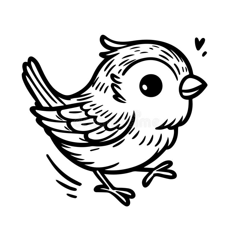 Linear Vector Drawing of a Little Bird in Black and White Stock Vector ...