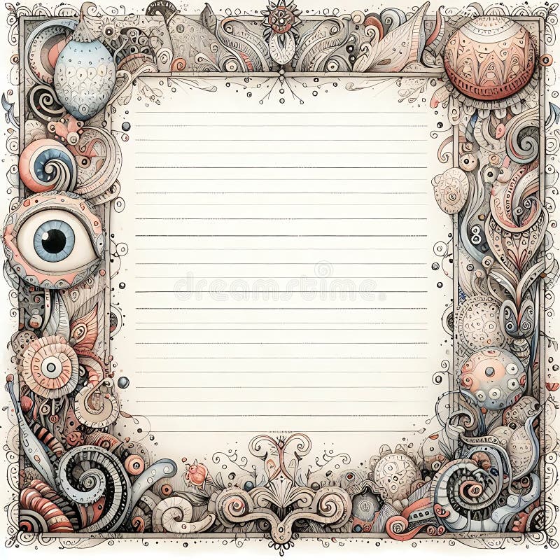 Lined Note Writing Paper with Whimsical Decorations Frame Pattern ...