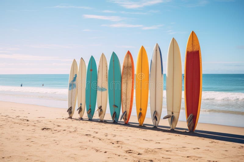 Lined-up Row of Surfboards on Beach. Generate Ai Stock Image - Image of ...