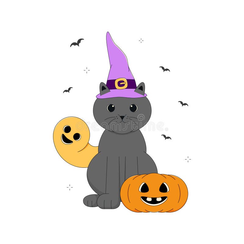 Lined Witchy Cat with Spooky Ghost and Smiley Pumpkin Stock Vector ...