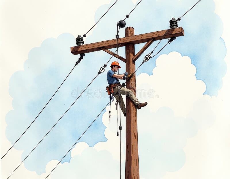 Lineman Working on Power Lines Stock Illustration - Illustration of ...