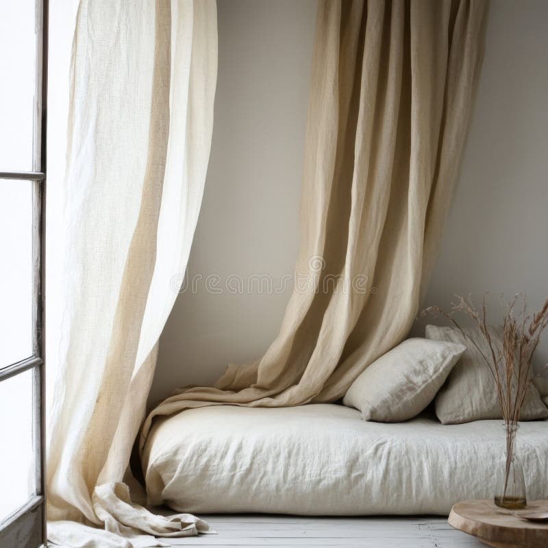 Linen Curtains Draped Over a Bed in a Minimalist Room Stock ...