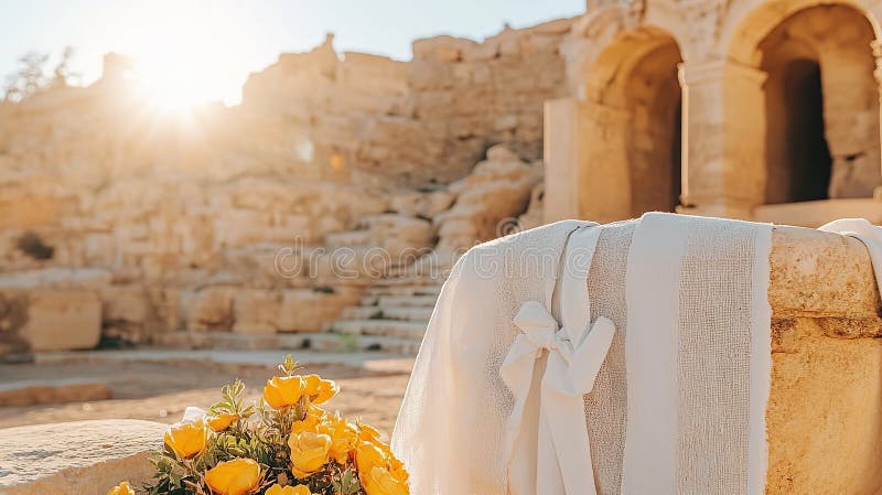 Linen Draped on Stone, Sunset Ruins Backdrop, Wedding Stock Image ...