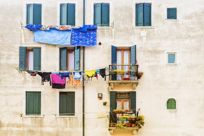 Linen on the Facade of the Old Building Stock Image - Image of building ...