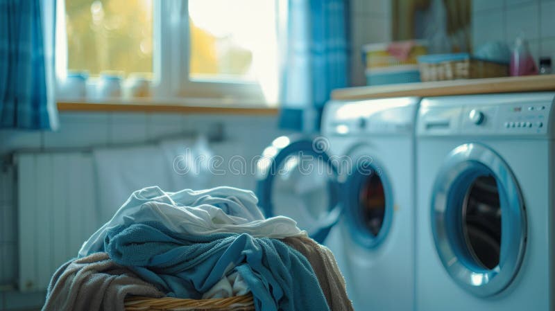 Linen in Front of Modern Washing Machine at Laundry Stock Photo - Image ...