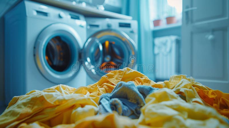 Linen in Front of Modern Washing Machine at Laundry Stock Photo - Image ...