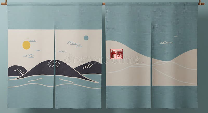 Linen Noren Curtain with Abstract Mountain Range and Sun Design ...