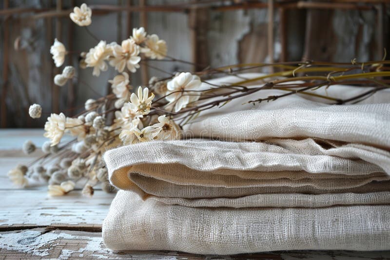 Linen Scraps of Fabric in a Stack on a Wooden Table. the Trend is for ...