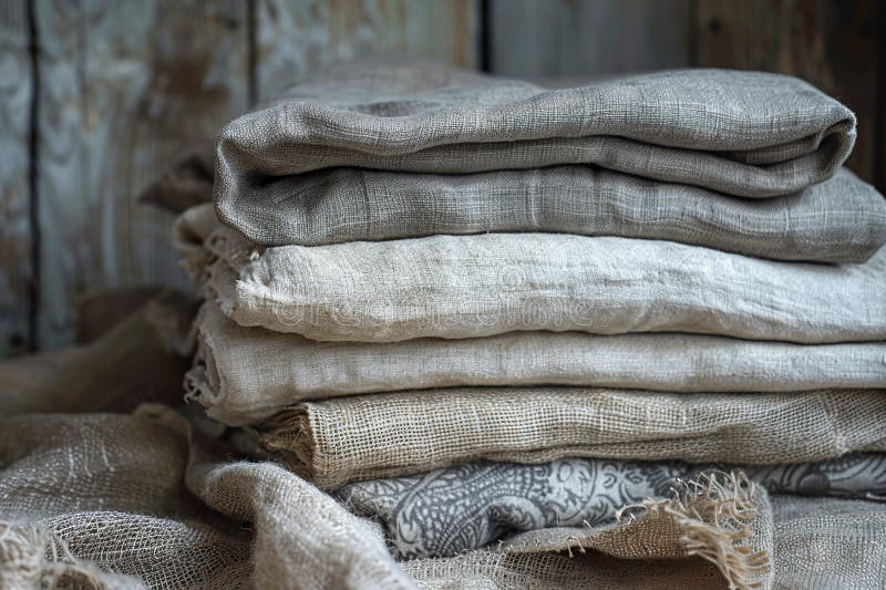 Linen Scraps of Fabric in a Stack on a Wooden Table. the Trend is for ...