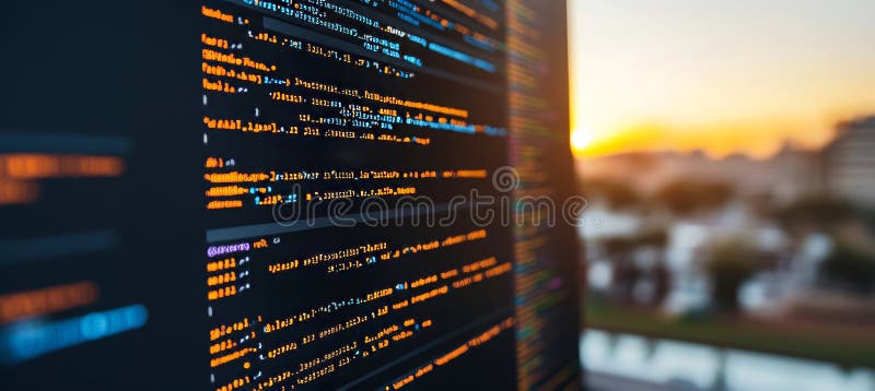 Lines of Code on Computer Screen with Cityscape Background at Sunset ...