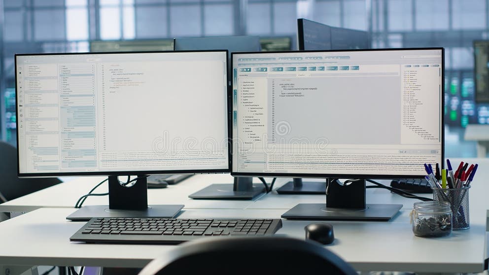 Lines of Code Running on Computer Screens in Data Center Stock Image - Image of security ...
