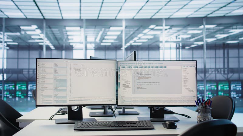 Lines Of Code Running On Computer Screens In Data Center Stock Image Image Of Software