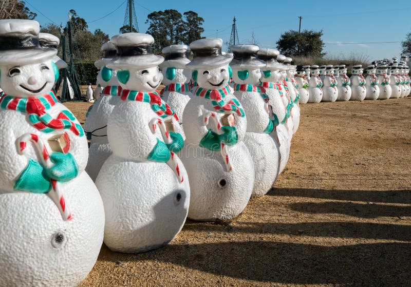 Lines of Snowmen Ready for the Holidays Stock Photo - Image of gnome ...