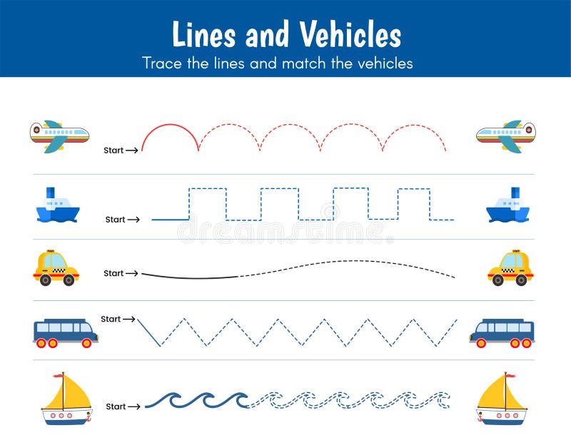 Lines and Vehicles Line Tracing Practice Worksheet for Kindergarten ...