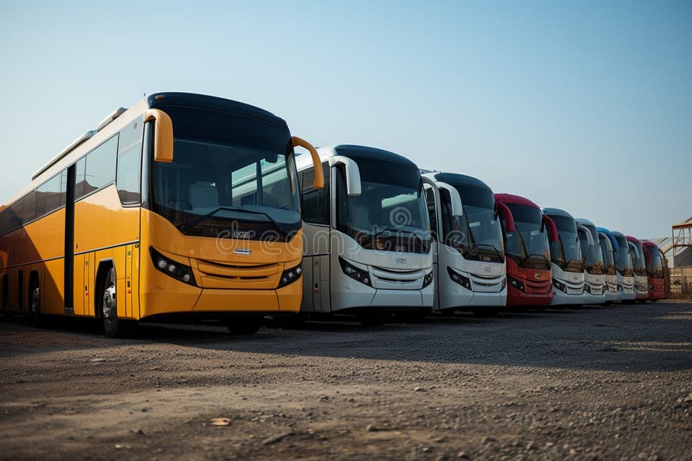 A Lineup of Buses at a Construction Site for Passenger Transfers Stock ...