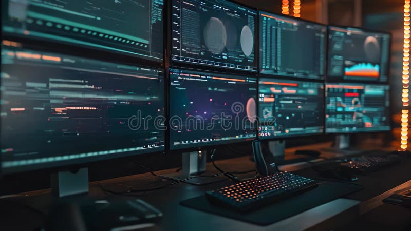 A Lineup of Computer Monitors Placed Neatly on Top of a Desk, a Desktop ...