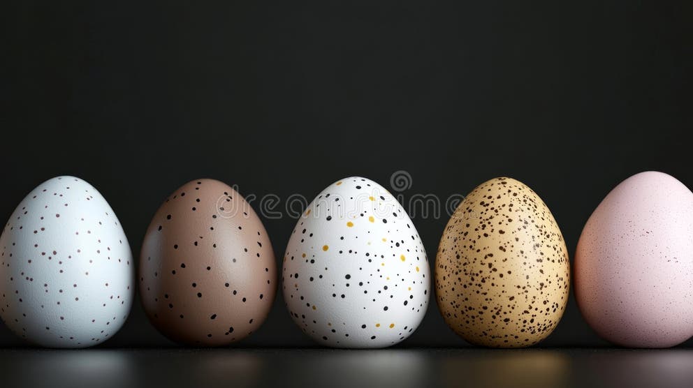 Colorful Speckled Eggs Arranged in a Row Against a Dark Background for ...