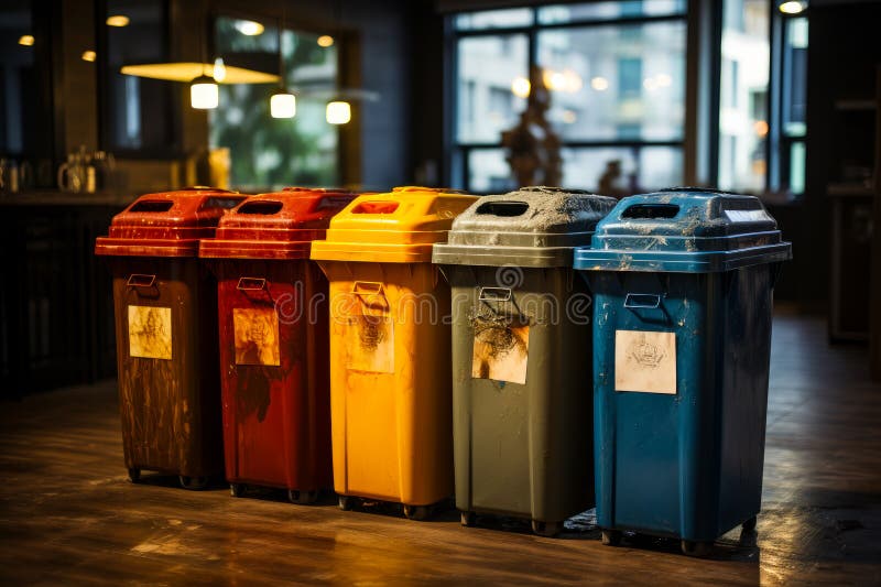 A Lineup of Trash Cans on a Rustic Wooden Floor Stock Photo - Image of ...