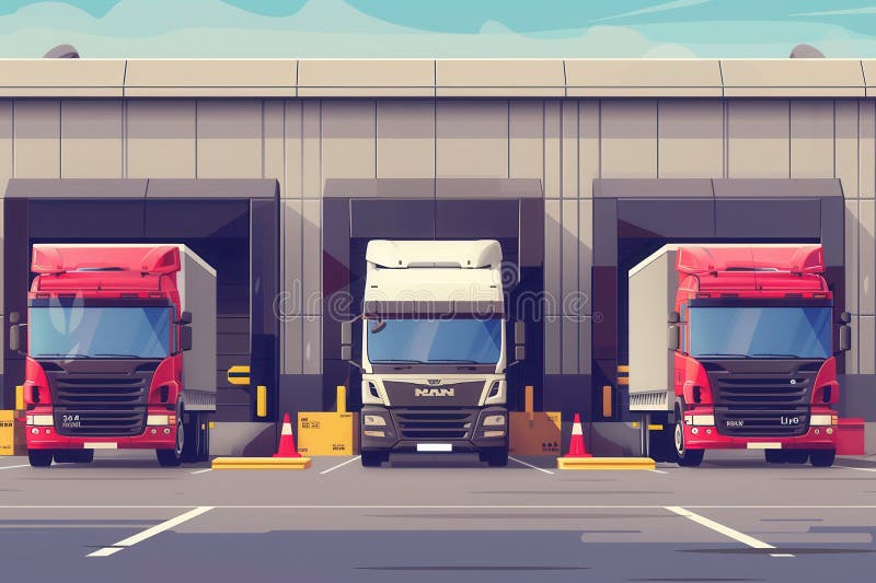 A Lineup of Trucks and Vans Awaits Loading at a Warehouse, Showcasing ...