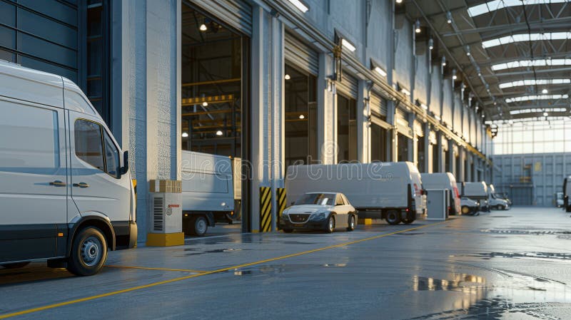 A Lineup of Trucks and Vans is Parked Inside a Warehouse, Prepared for ...