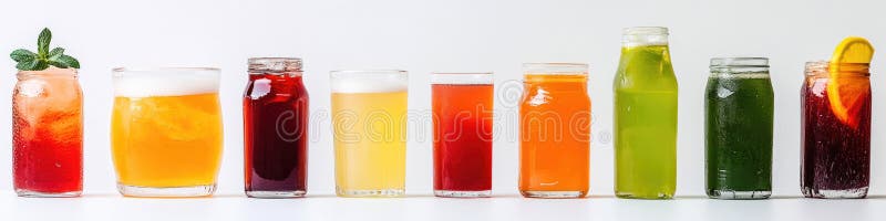 A Lineup of Various Refreshing Beverages on a Clean White Background ...