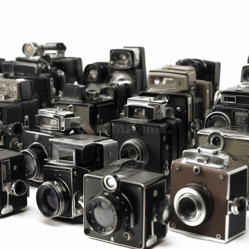 Lineup of Various Retro Cameras Placed Side by Side on Flat Surface ...