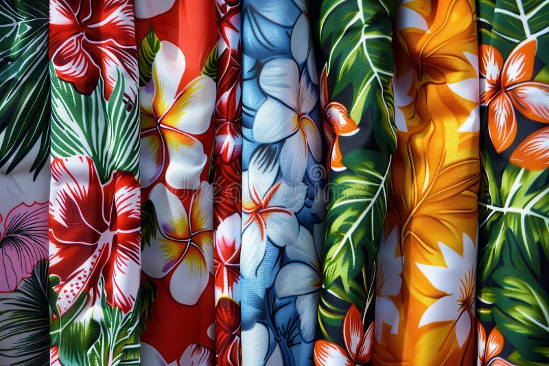 Lineup of Vibrant Shirts with Hawaiian-style Flower Patterns Stock ...