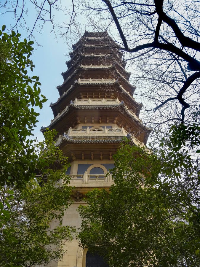 Linggu Temple with Trees in Foreground Stock Image - Image of culture ...