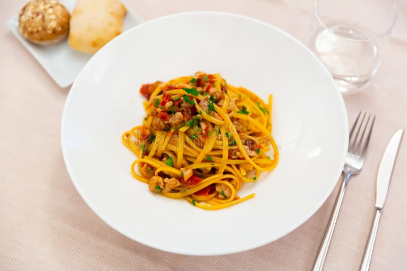Linguini with Fresh Tuna and Dried Tomato Pesto Closeup Stock Image ...