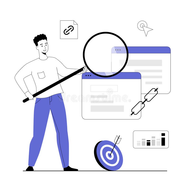Link Building Concept, SEO Search Engine Optimization. Man Holding Magnifying Glass Above ...