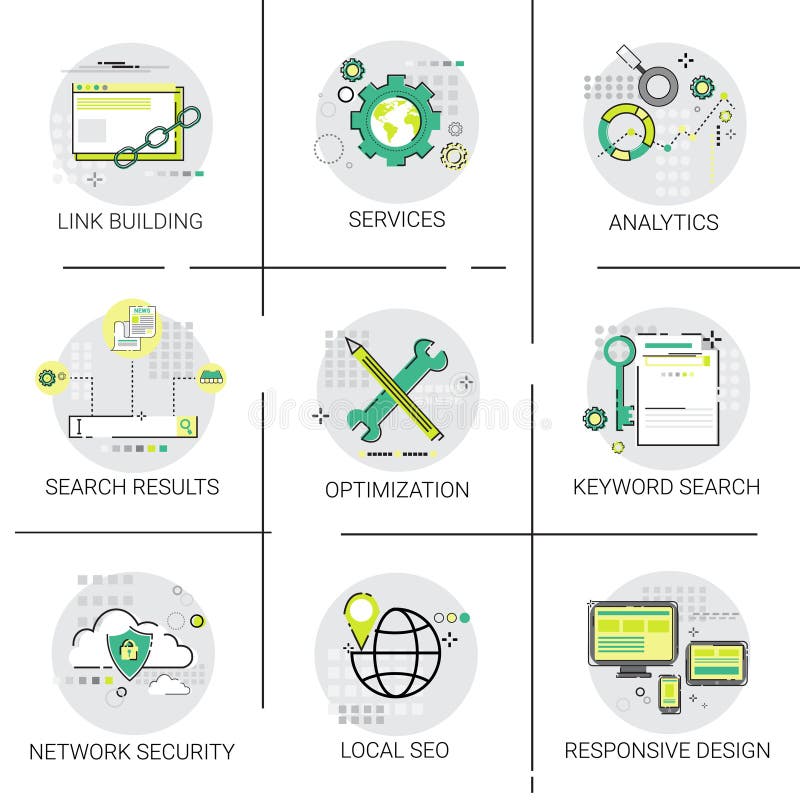 Link Building Seo Keywording Search Network Security Services Icon Set ...