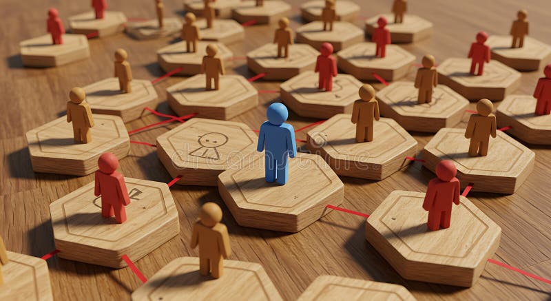 Linked People Figures on Wooden Hexagons Connecting with Red String ...