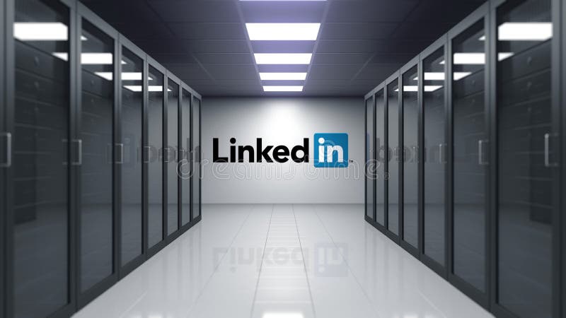 LinkedIn Logo on the Wall of the Server Room. Editorial 3D Animation ...