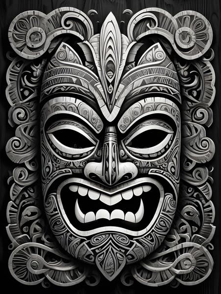 Lino-cut Illustration of a Stylized Tiki Mask Stock Illustration ...