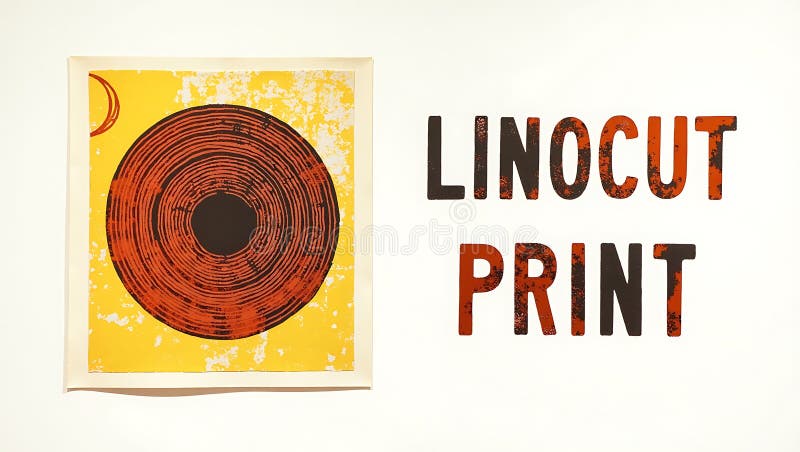 Linocut Print Featuring Circular Patterns in Red and Yellow Colors on a ...