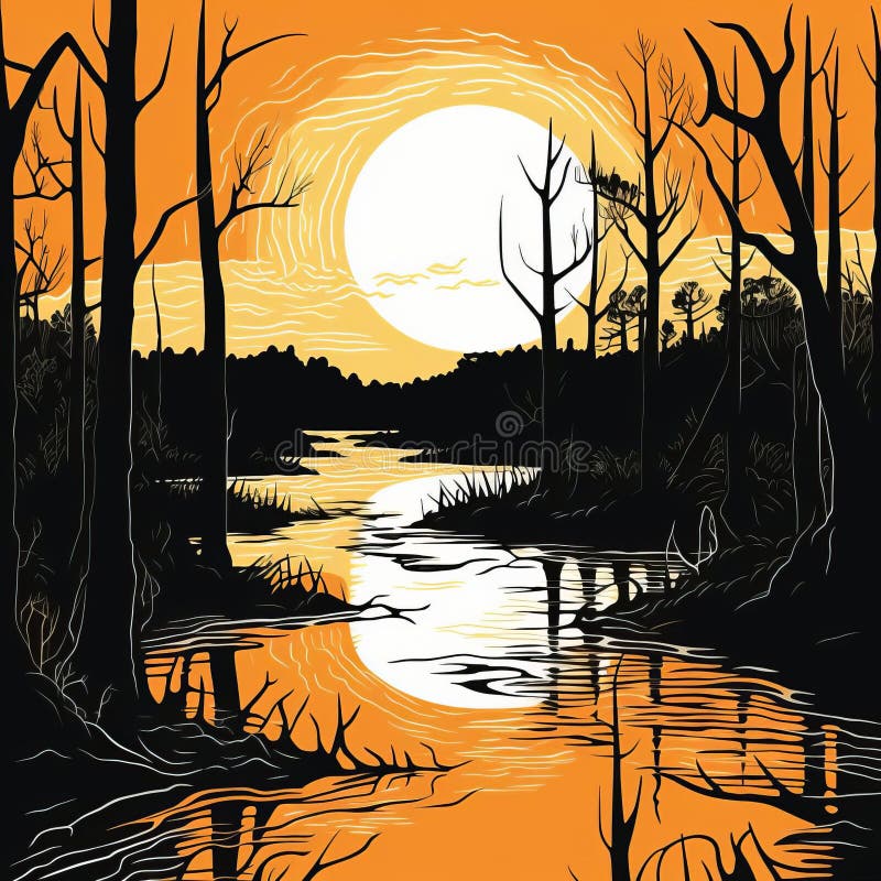 Minimalist Linocut Art: One-color Swamp Design with Emphasis on ...
