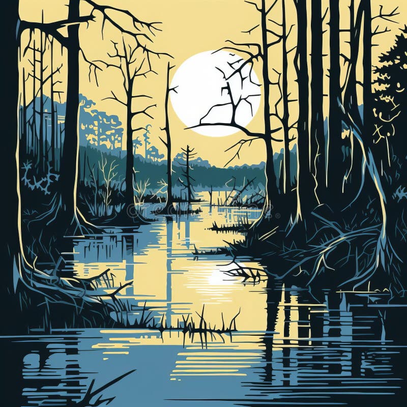 Minimalist Linocut Art: Swamp in One-color with Negative Space Emphasis ...