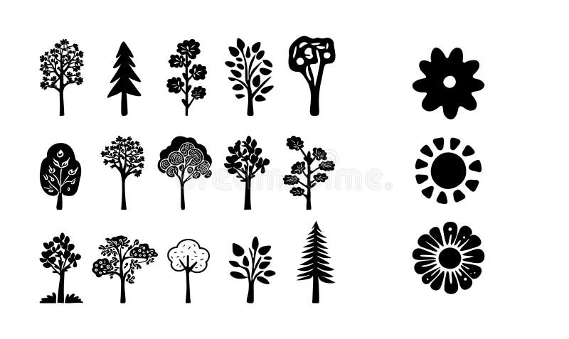 Linocut Tree Design Elements in Vector Scandi Style Set. Black and ...