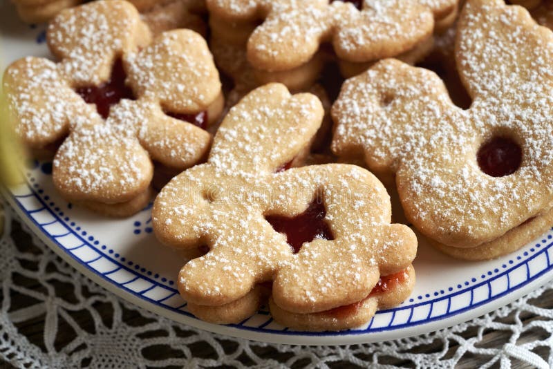 Linzer Cookies in the Shape of Easter Bunnies and Chicken on a Plate ...