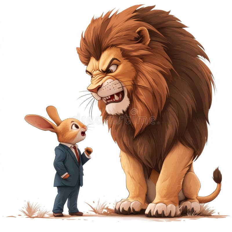 Lion Angrily Scolds Tiny Rabbit in Humorous Scene Stock Illustration ...
