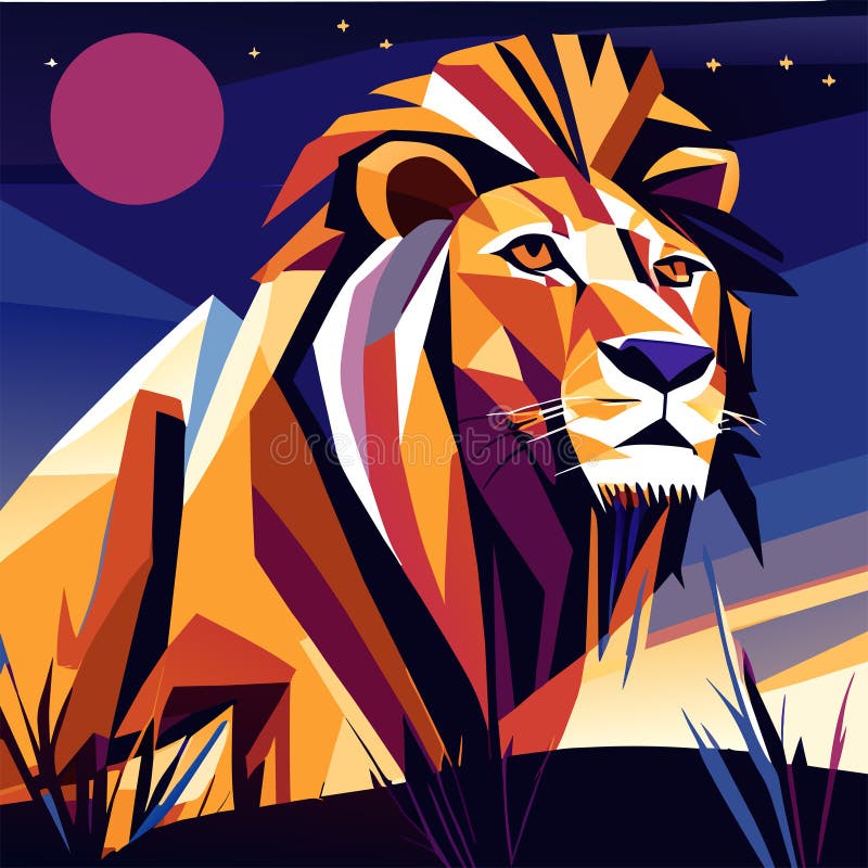 Lion in the Night Sky. Vector Illustration in Cartoon Style Stock ...