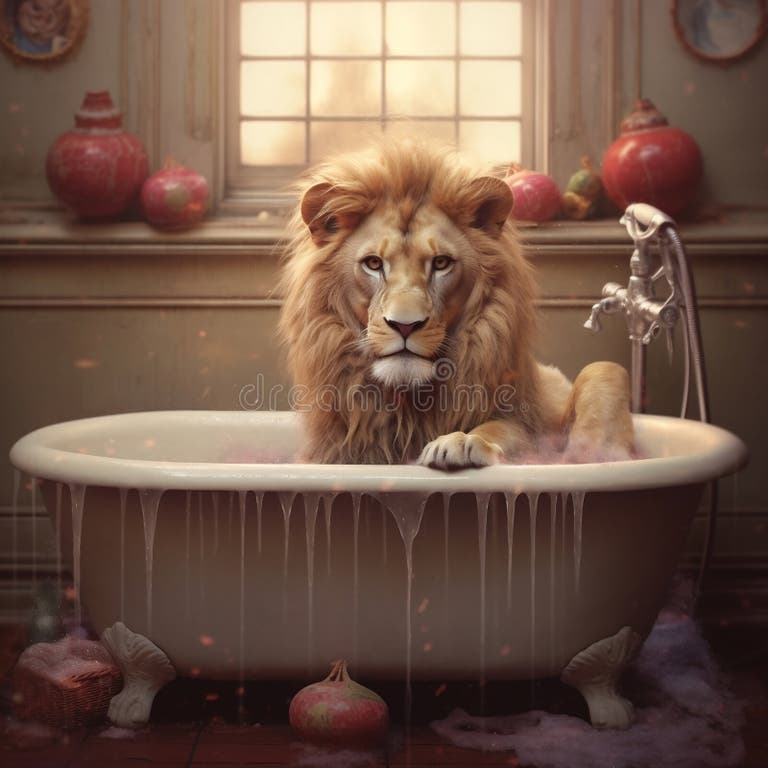 Lion Bathing in a Bathtub. Generative AI Stock Illustration ...