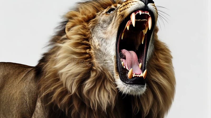 A Lion Bellows, Showcasing Its Formidable Teeth Against a Stark White ...