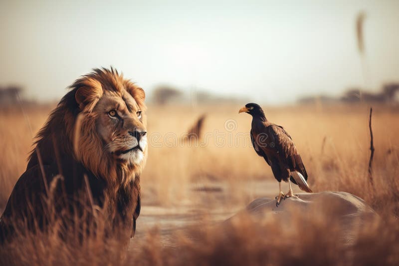 A Lion and a Bird Standing in a Field of Tall Grass Stock Illustration ...