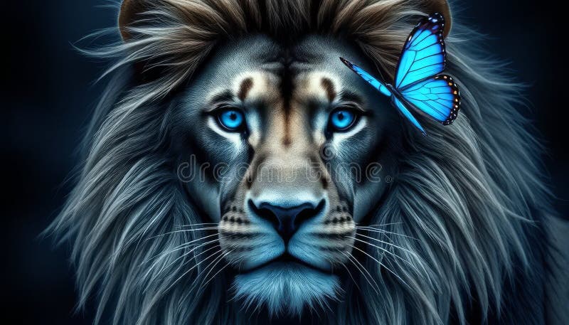 A Lion with a Blue Butterfly on Its Head Stock Image - Image of ...